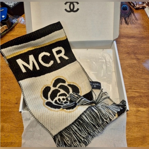 CHANEL | Accessories | Chanel Mcr In Black White And Gold Floral Scarf ...